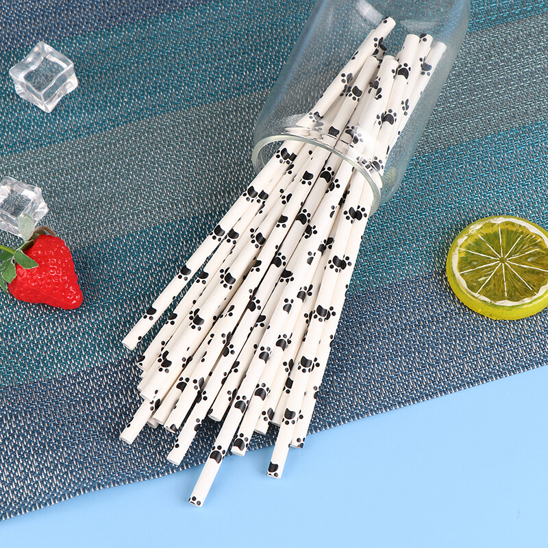 25Pcs Dog Cat Paw Print Paper Drinking Straws Black White Birthday ...