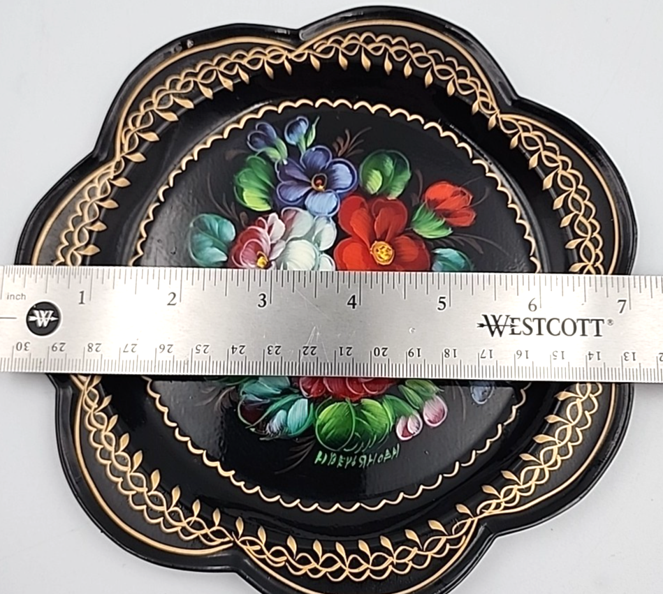 Vintage Russian Zhostovo Style Black Floral Metal Hand Painted Tole 7 ...