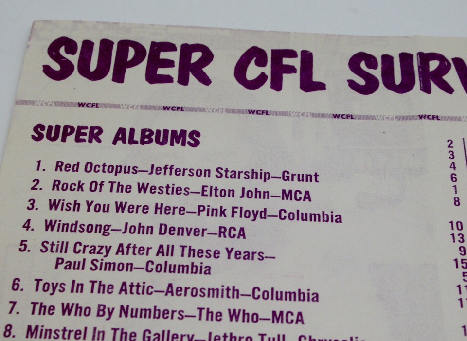 WCFL Super CFL Survey Chicago NOV 22, 1975 #1 Jefferson Starship Red ...