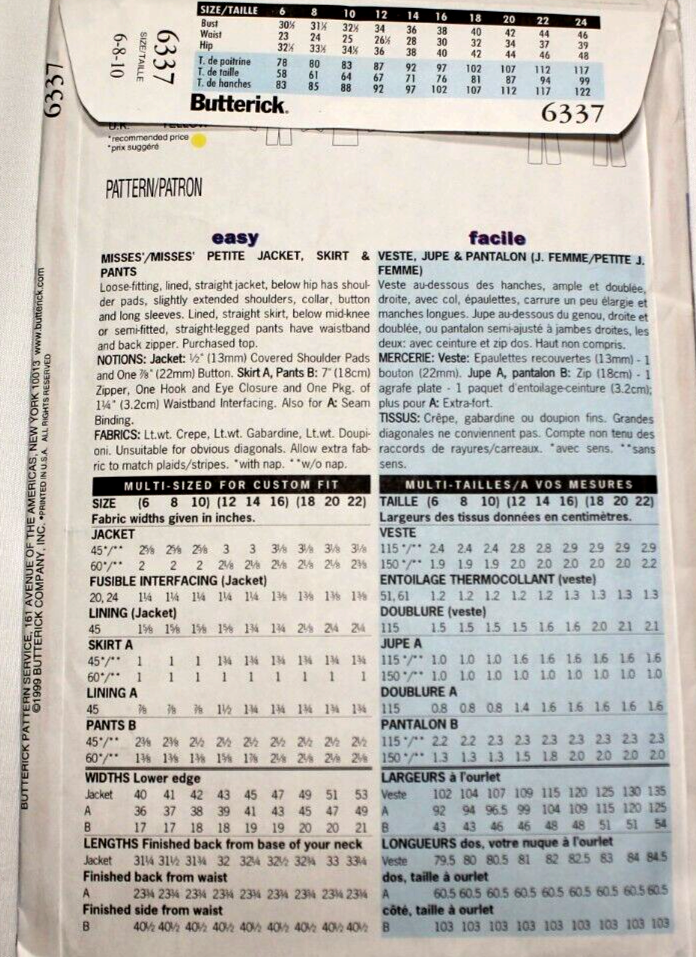 Butterick 6337 Misses Long Jacket, Skirt & Pants Sewing Pattern 18-20 ...