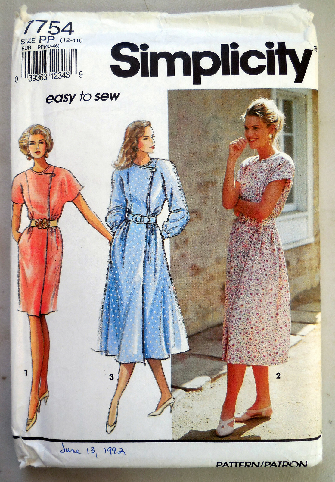 SIMPLICITY 7754 SEW PATTERN MISS DRESS MOCK WRAP FRONT PLEAT KIMONO SLV ...