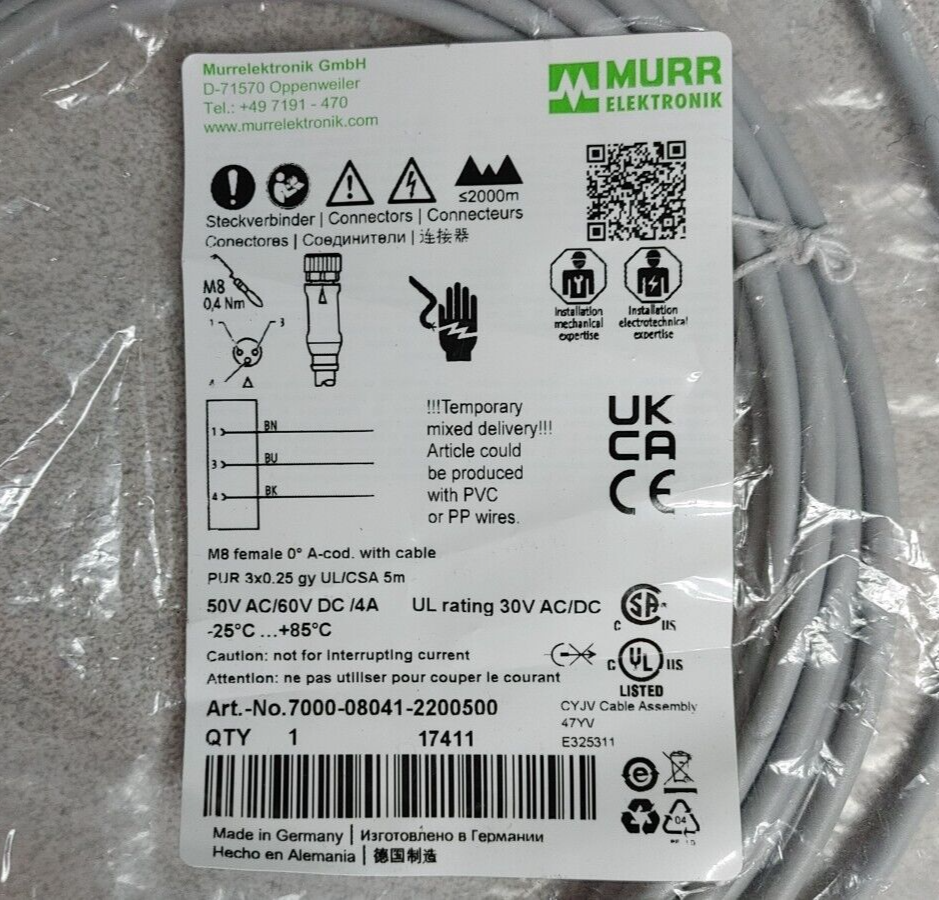 MURR 7000-08041-2200500 M8 3-PIN FEMALE SINGLE ENDED CORDSET 5m NEW ...