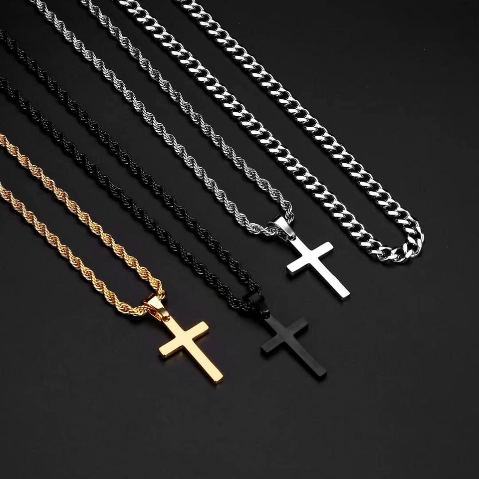 Layered Cross Necklace for Men - 18K Gold Silver Black Stainless Steel ...