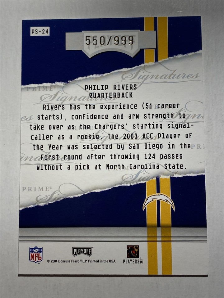 PHILIP RIVERS 2004 Playoff Honors Prime Signature Preview #PS24 RC 550/ ...