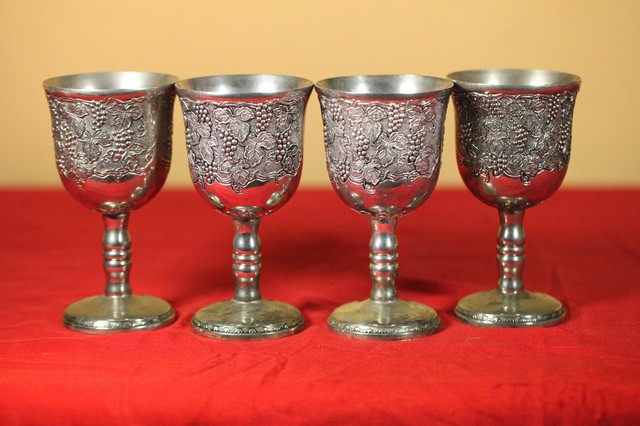 4 pcs Vintage Antique Grape design Melchior Silver plated Vine Kiddush ...