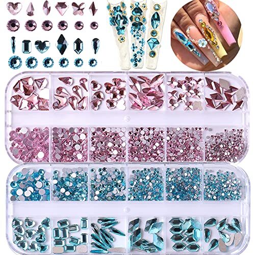 Pink Nails Art Rhinestones Kit 2120Pcs Blue Flatback Rhinestones ...