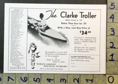 1938 CLARKE TROLLER OUTBOARD MOTOR ENGINE WORLD LIGHTEST BOAT DETROIT ...