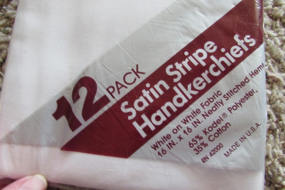 NEW/sealed 12 pk satin stripe men's white handkerchiefs 16x16 stitched ...
