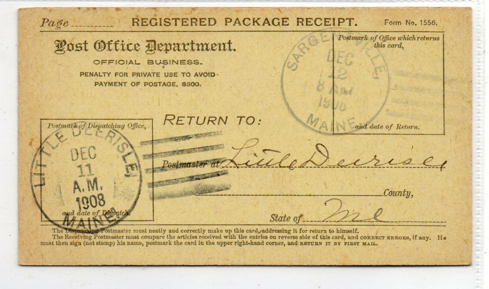 USA = Registered Packet Receipt, LITTLE DEER ISLE, MAINE. 1908 Vintage ...