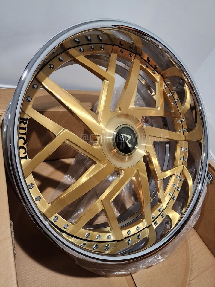 26" Inch Brushed Gold Face & Chrome Lip Rucci Stunna 5x120 5x127 2pc ...