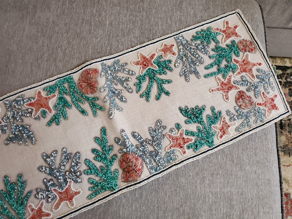 Coastal Rachel Zoe Nautical Coral Reef Starfish Shell 36in Beaded Table ...