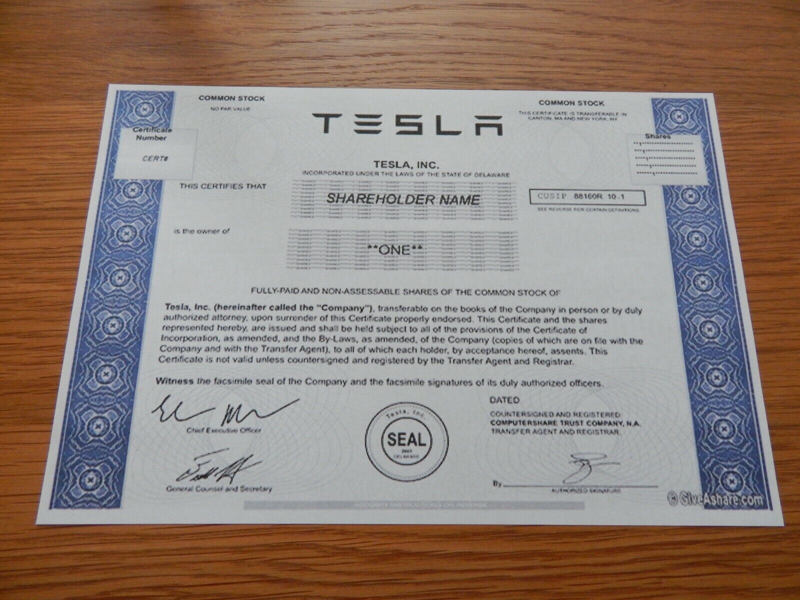 Tesla Car Company BLUE stock certificate COPY of original document. | eBay