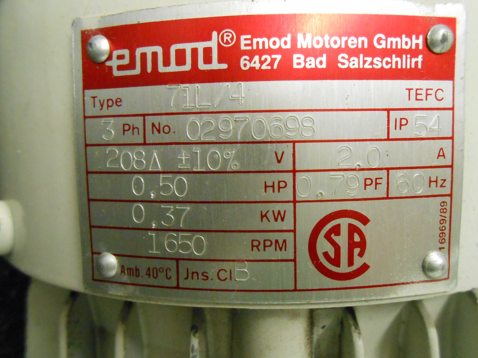 1/2HP EMOD MOTOREN GMBH TYPE 71L/4 ELECTRIC MOTOR | eBay
