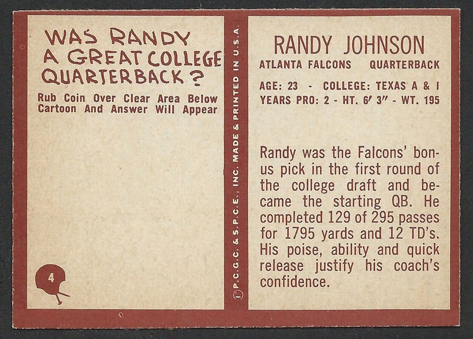 1967 Philadelphia #4 RANDY JOHNSON Atlanta Falcons ROOKIE - EXMT 02 | eBay