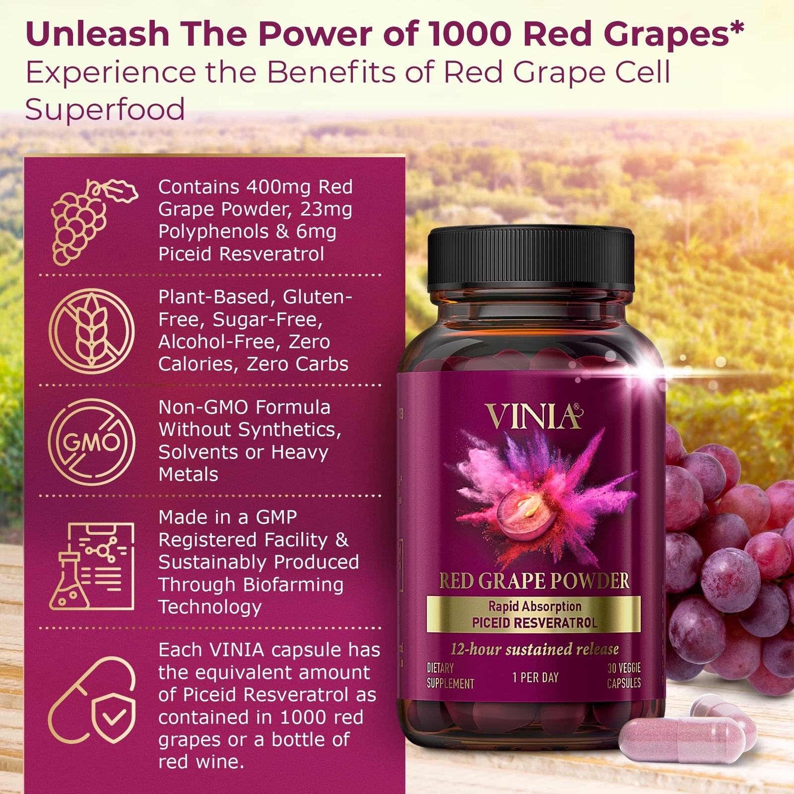 Vinia by BioHarvest Clinically-Backed Blood Flow Superfood - 30 Count ...