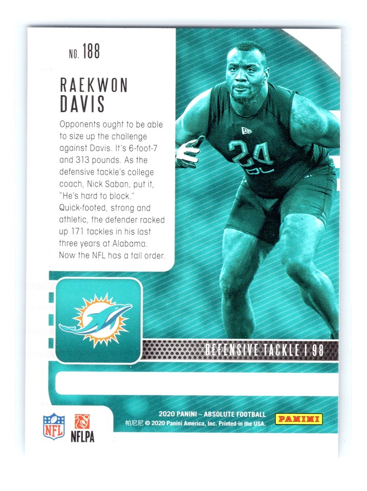 2020 Panini Absolute Football #188 Raekwon Davis Rookie RC Miami ...