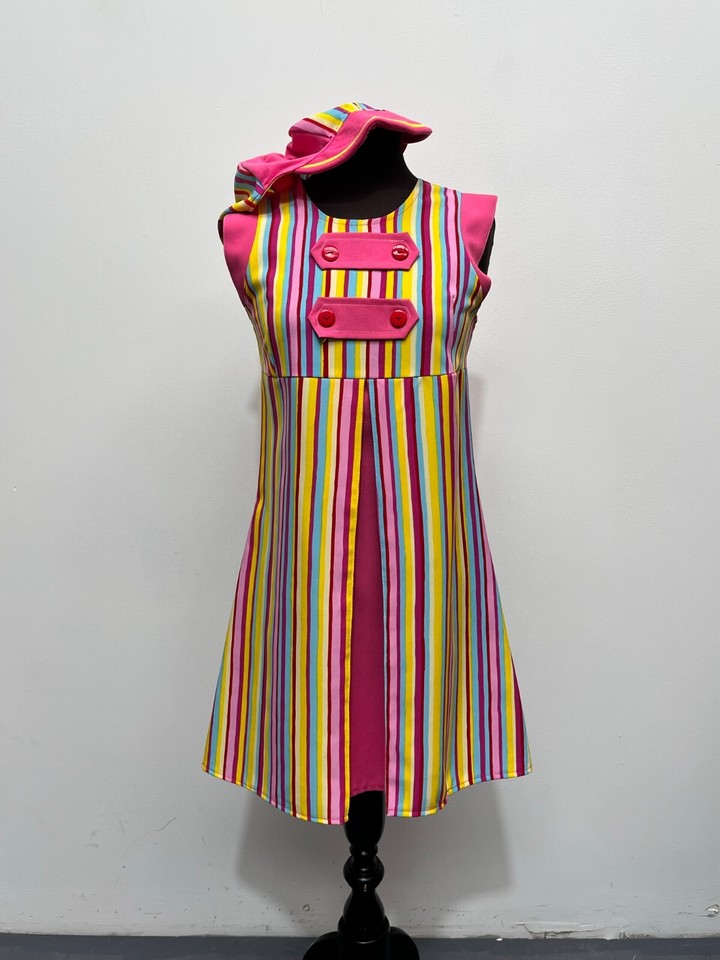 60s-70s Pink & rainbow striped mini dress size XS - Ex Hire Fancy Dress ...