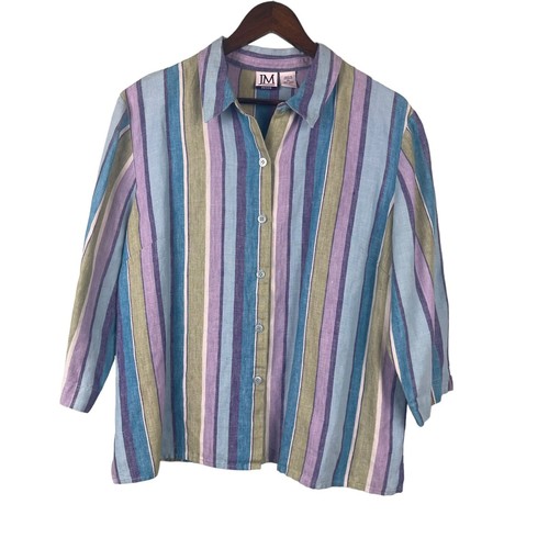 JM Collection 100% LINEN Shirt Womens SZ XL Petite Striped Blue Purple ...