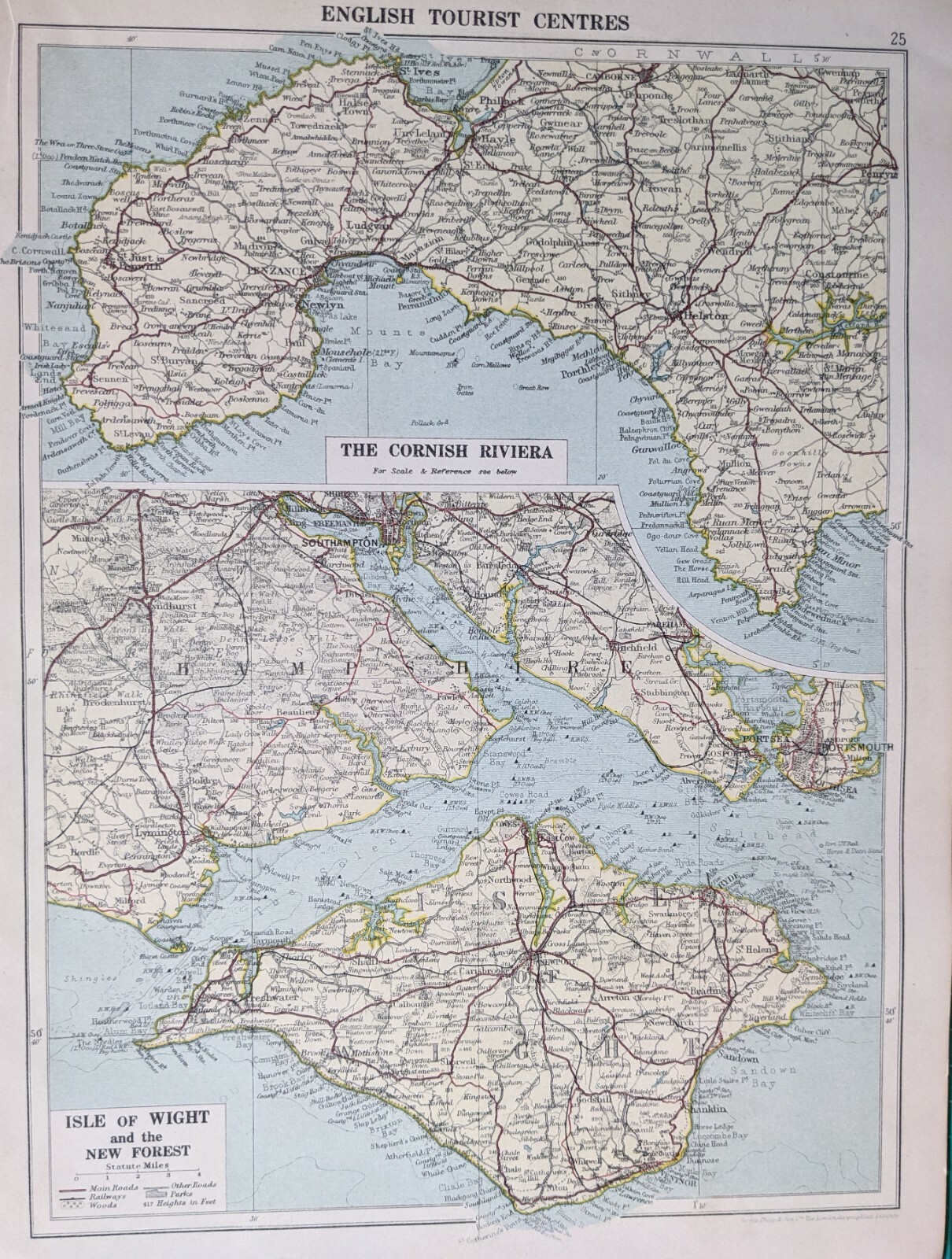 1928 MAP ENGLISH TOURIST CENRES CORNISH RIVIERA ISLE OF WIGHT NEW ...