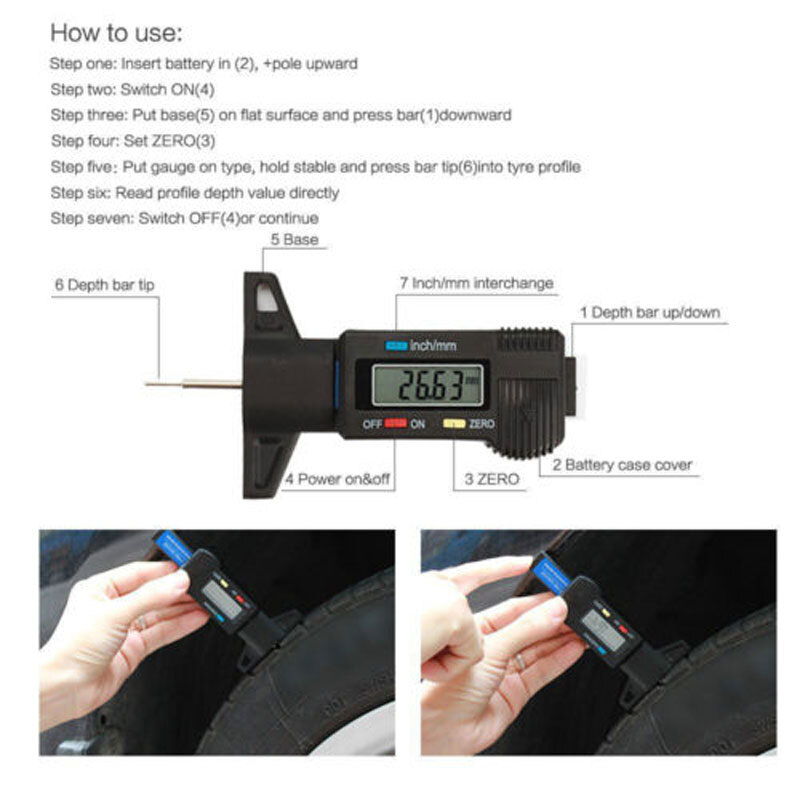 Digital Tire Tread Depth Gauge Meter Measurer LCD Display Tread Checker ...