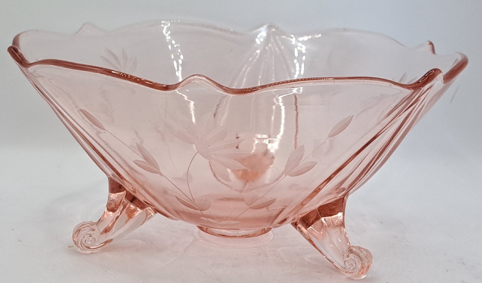 Vtg 3-Footed Lancaster Jubilee Pink Depression Floral Etched Glass Bowl ...