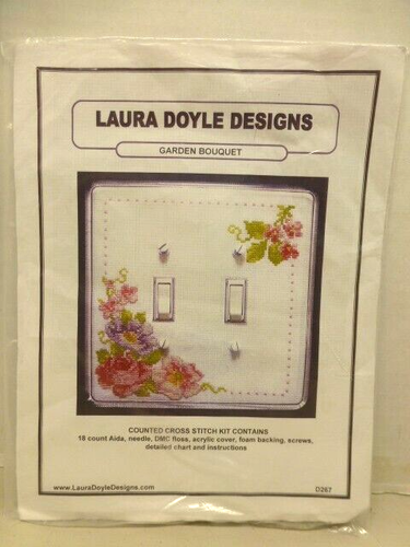 LAURA DOYLE DESIGNS DOUBLE SWITCHPLATE CROSS STITCH GARDEN BOUQUET NEW ...