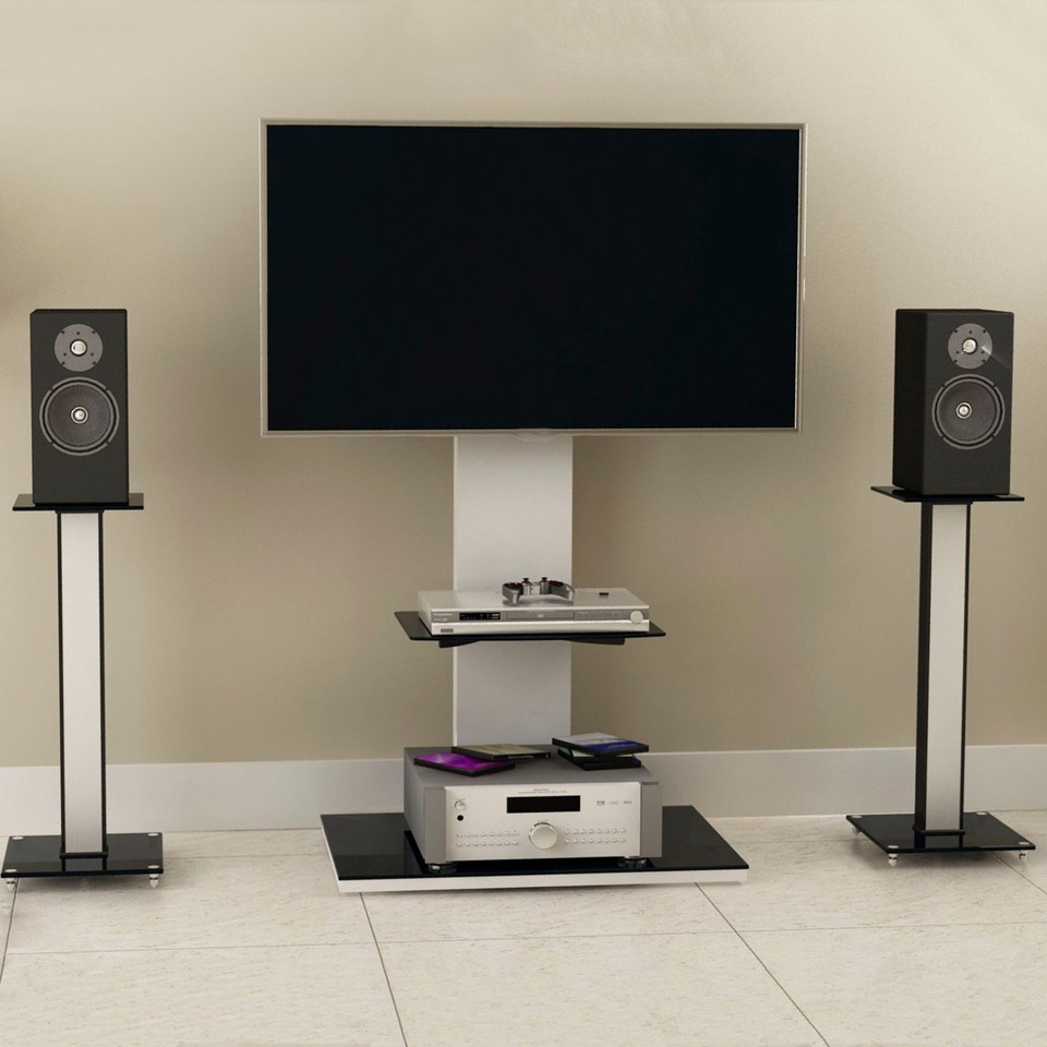TekBox 2x SPEAKER STAND - Modern Black Glass Platform Surround Sound TV ...