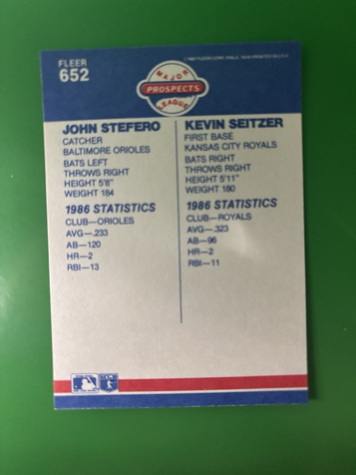 1987 Fleer John Stefero / Kevin Seitzer MLP, RC Orioles / Royals #652 ...