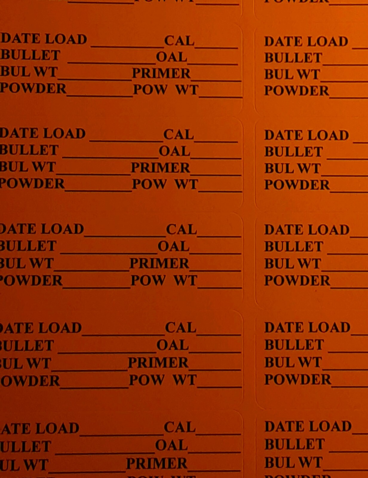 90 ORANGE Reloading Data Labels for Pistol or Rifle Ammo 30 Labels ...