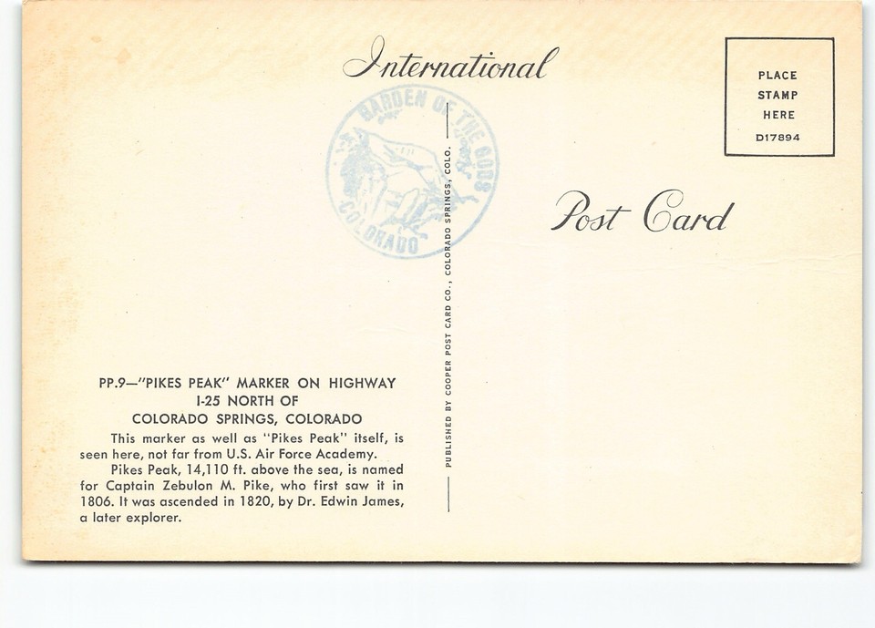 Pikes Peak Marker Sign Highway I-25 Colorado Springs CO Cont Postcard ...