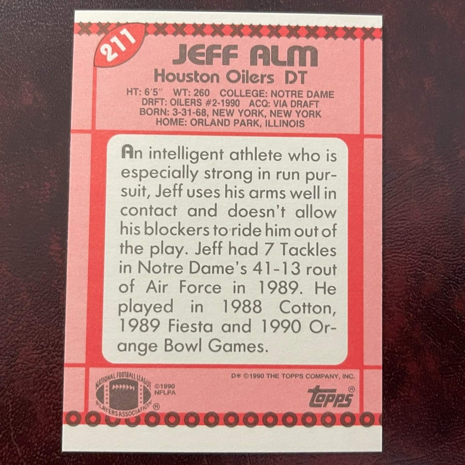 1990 Topps TIFFANY Set JEFF ALM ROOKIE #211 HOUSTON OILERS ** MINT ...