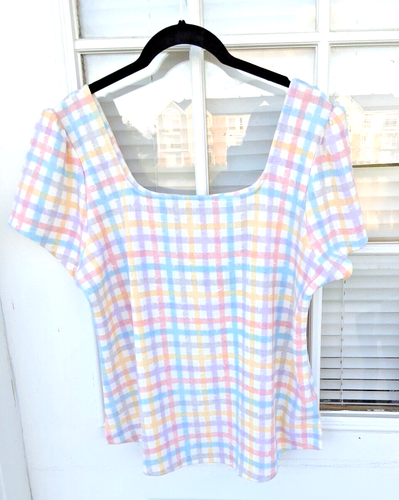 NWT LuLaRoe Marissa Top Puff Sleeve Square Neck Large Pastel Windowpane Plaid | eBay