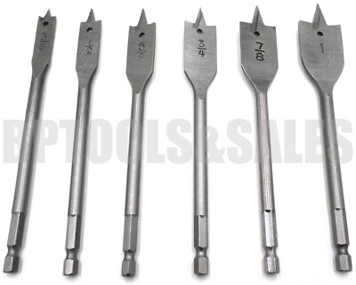 6pc Spade Drill Bit Set Paddle Wood Boring Flat 3/8" to 1" Quick Change ...