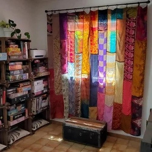 2 Pcs Indian Sari Patchwork Curtain Drape Window Decor Multi Silk Sari ...