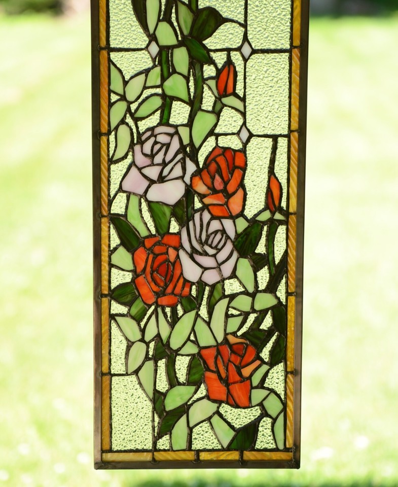 10" x 36" Handcrafted Tiffany Style stained glass window panel Rose ...