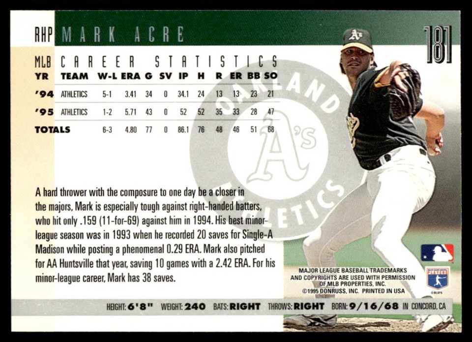 1996 Donruss #181 Mark Acre Oakland Athletics | eBay