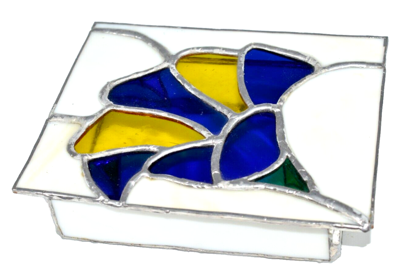 Vintage Studio Art Stained Glass Covered Box Blue Yellow Flower 6'' | eBay