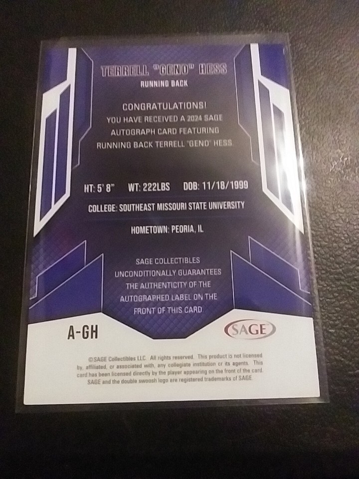 Terrell Geno Hess 2024 SAGE Hit Black Auto Autograph RC Southeast ...