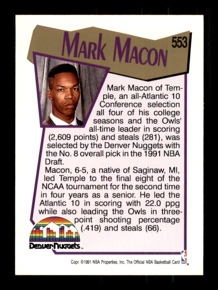 1991 Basketball Hoops Mark Macon Denver Nuggets #553 RC | eBay