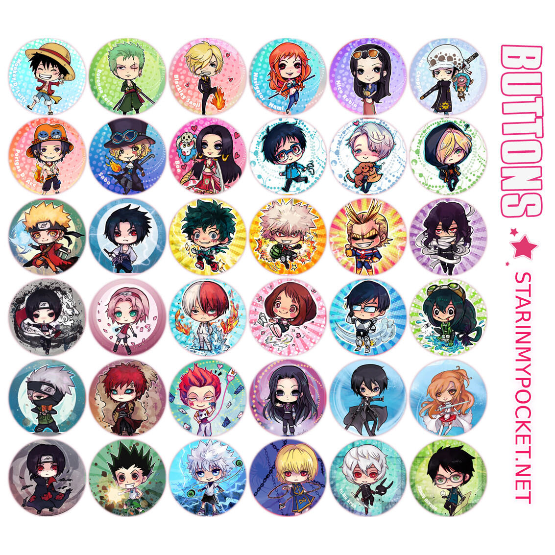 Anime Buttons Pins - Chibi Art Luffy Naruto Natsu Kyo Bakugou Kurama ...