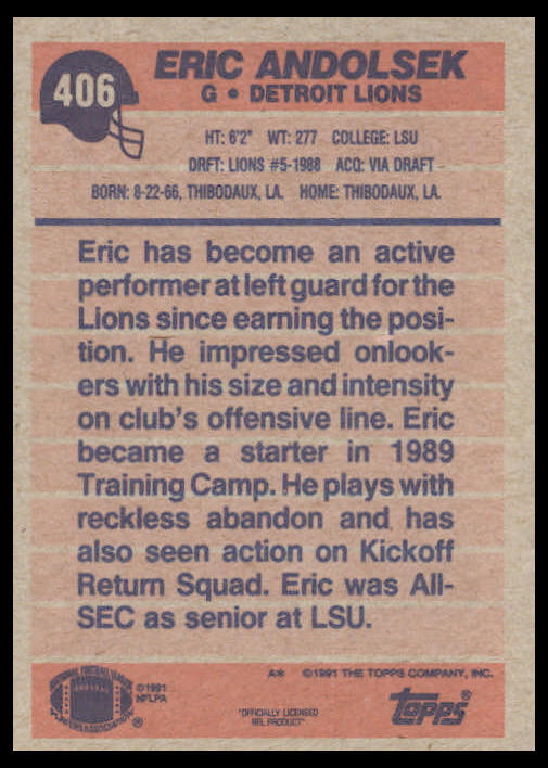 1991 Topps #406 Eric Andolsek Detroit Lions Football Card | eBay