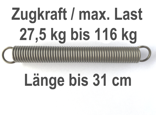Zugfeder aus Federstahl, Spannkraft/max. Last 27,5 kg bis 116 kg, Länge ...