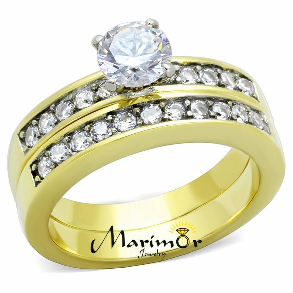 1.17 Ct Round Brilliant Cut CZ Stainless Steel14k GP Wedding Ring Set ...