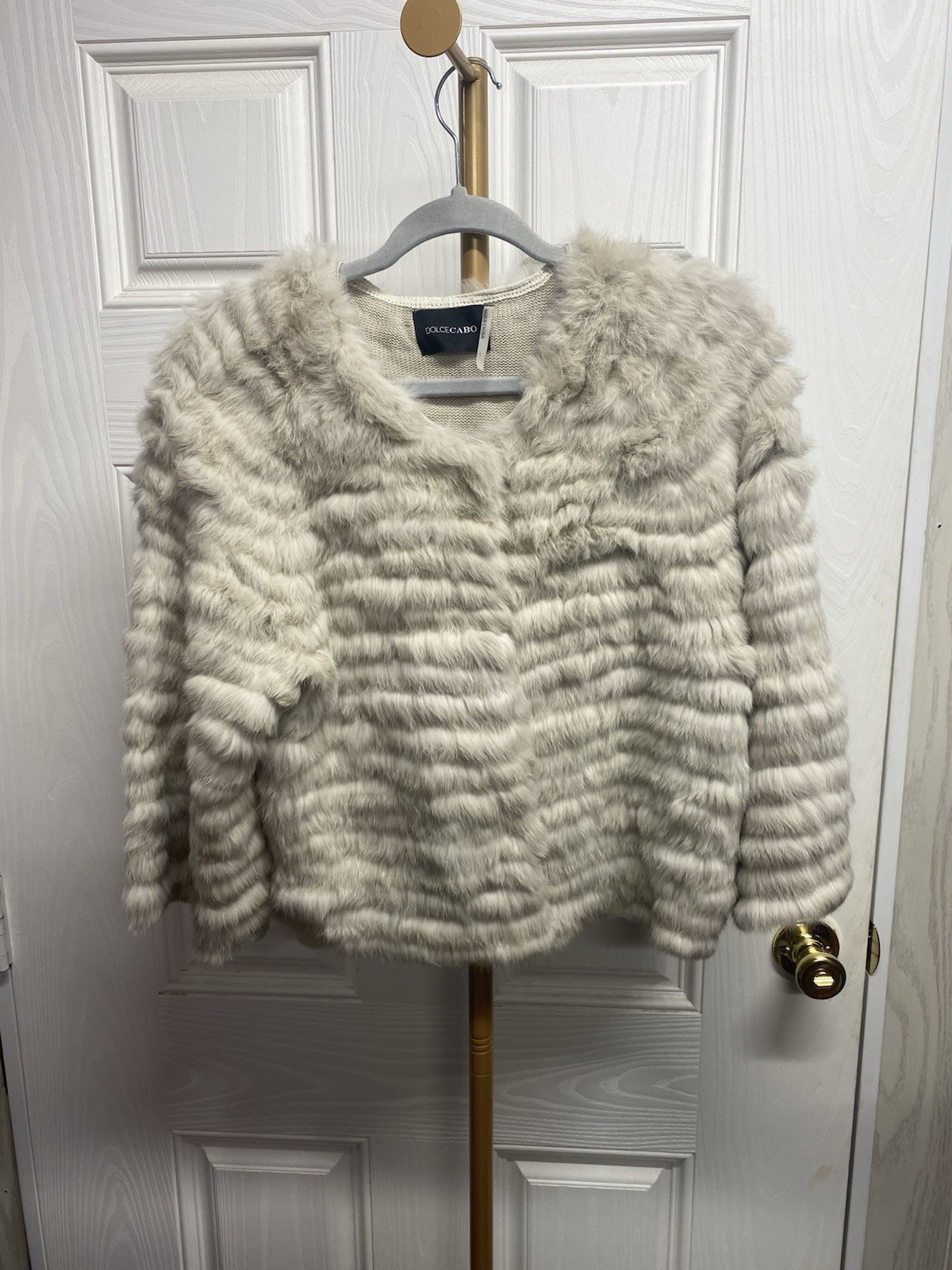 Dolce Cabo Real Rabbit Fur Cream Jacket L Cable Knit Short 3/4 Sleeve ...