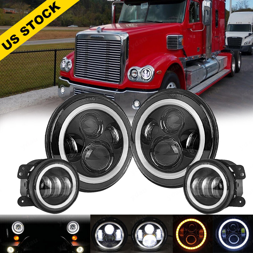 for Freightliner Coronado 7inch Round LED Headlights + 4inch LED Fog ...