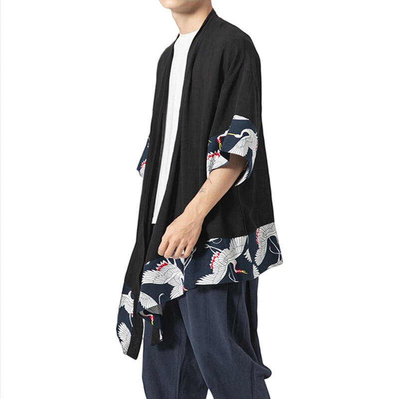 Men Linen Blend Haori Cardigan Kimono Yukata Robe Happi Coat Shirt Tee ...