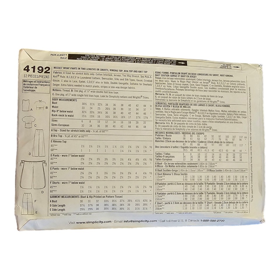 Simplicity 4192 Misses Wrap Pants Shorts Bra Top Knit Top 14 16 18 20 ...