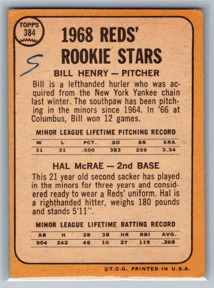 1968 Topps Reds Rookies Bill Henry, Hal McRae #384 (RC) - VG *TEXCARDS ...