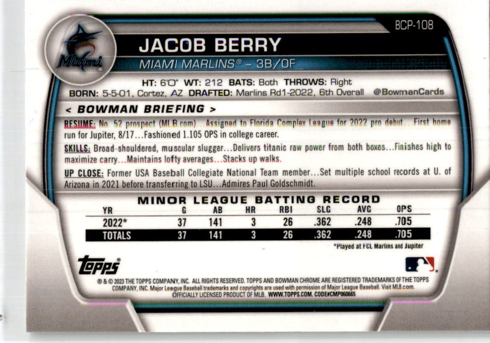 2023 Bowman Jacob Berry #BCP-108 Chrome Prospects | eBay