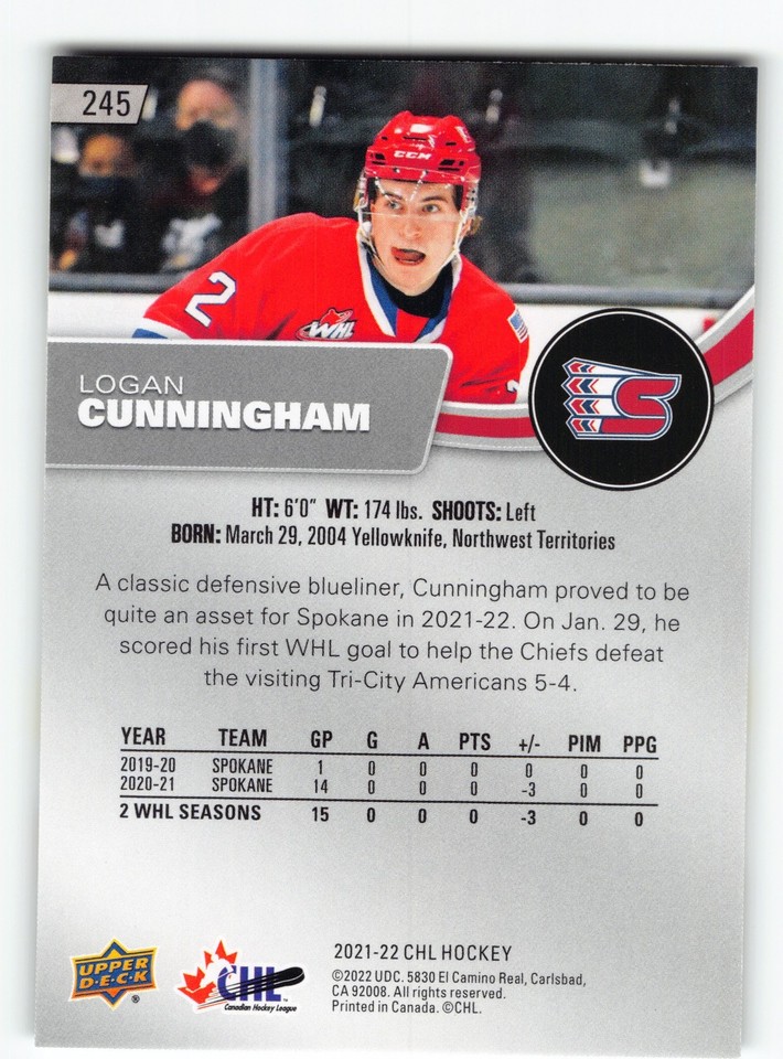 Logan Cunningham 2021-22 Spokane Chiefs Hockey Card | eBay